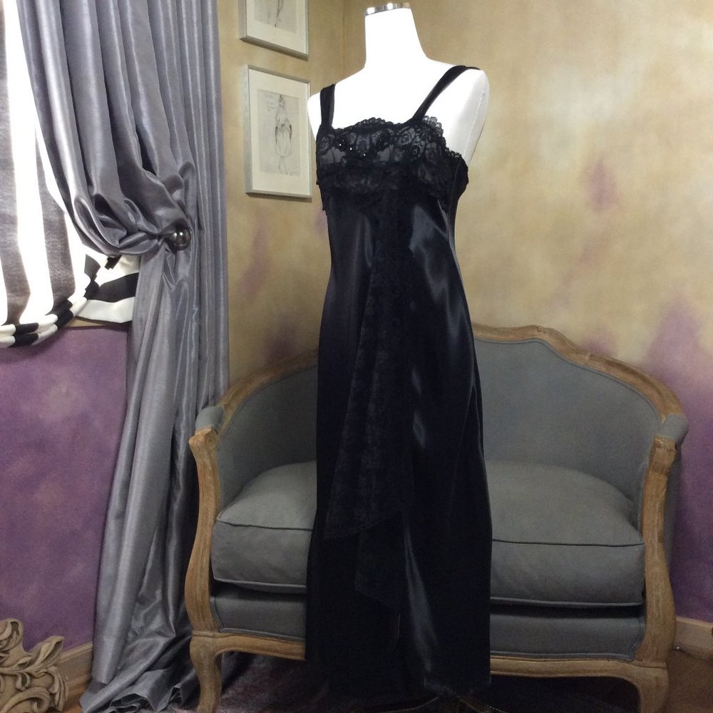 Luxury Black Satin And Lace Beaded Negligee, Size M, … - Gem